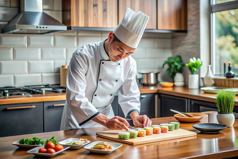 Chef Preparing Sushi in Modern Kitchen Stock Illustration ...