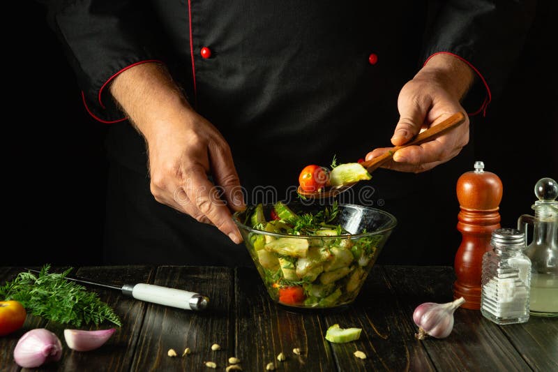 Chef Preparing Vegetable Salad in Tavern Kitchen. Concept of Preparing ...
