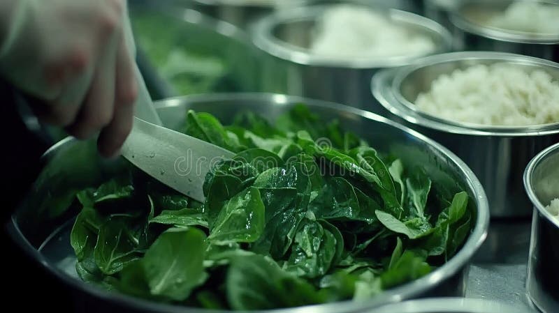 Chef Prepping Spinach in Kitchen, Food Prep, Restaurant Stock Photo ...
