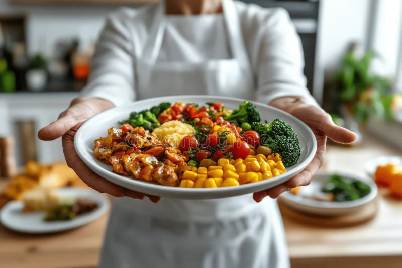 Chef Presenting Colorful Vegetable and Chicken Dish in Kitchen Stock ...