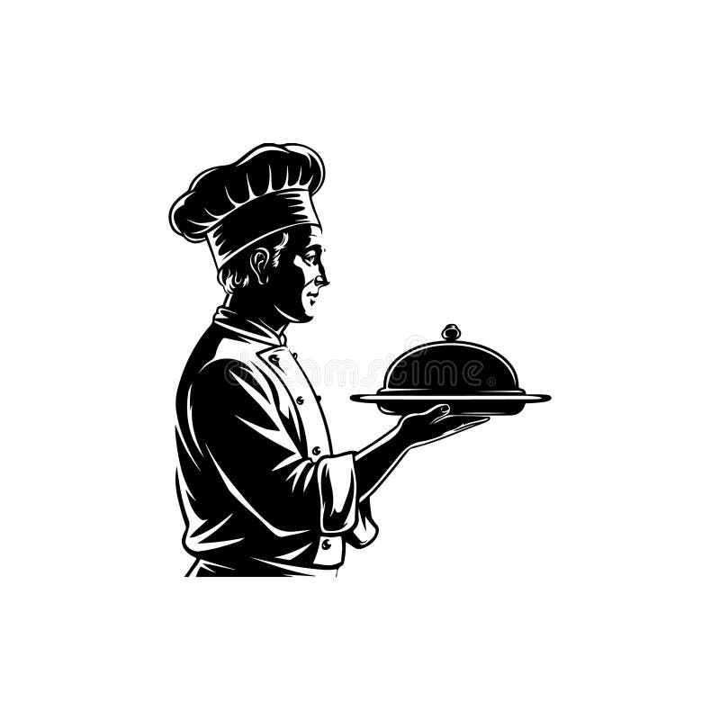 Chef Presenting a Covered Dish, Black and White Illustration with White ...