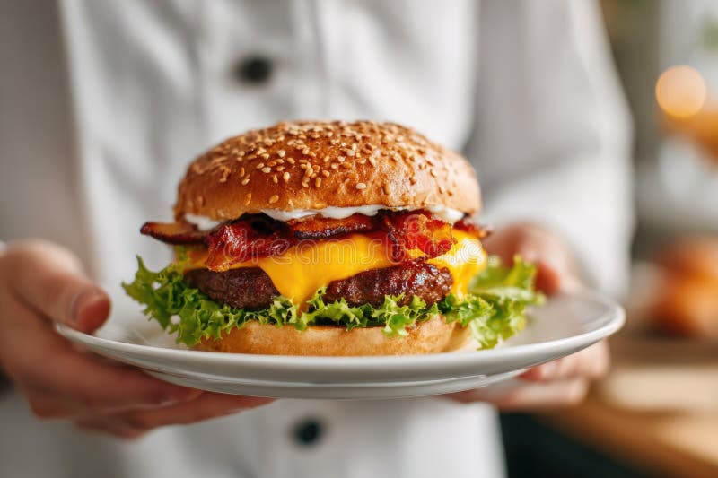 Chef Presenting Delicious Bacon Cheeseburger. Stock Illustration ...