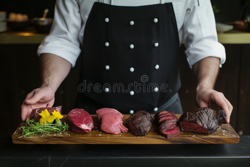 Chef Presenting Different Cuts of Meat on a Board Stock Image - Image ...