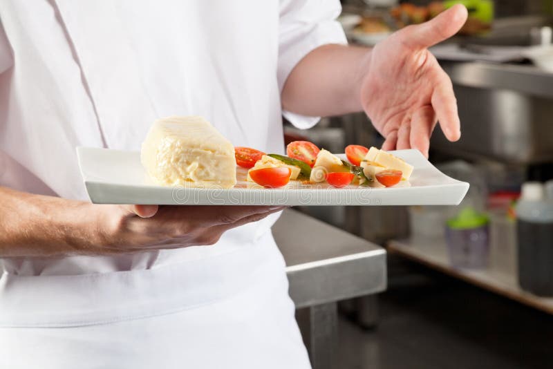 Chef Presenting Dish in Kitchen Stock Image - Image of midsection, dish ...