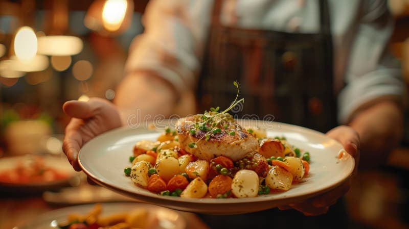 Chef Presenting a Dish with Scallops and Potatoes Stock Image - Image ...