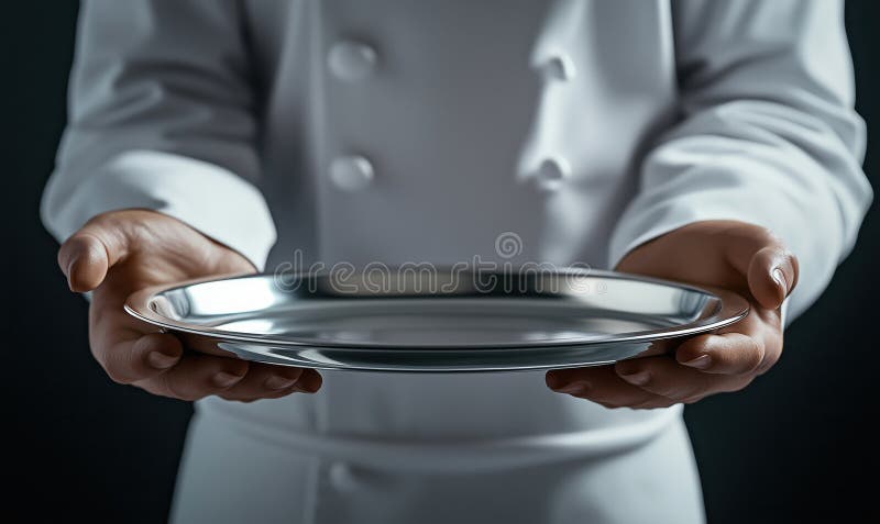 Chef Presenting Elegant Silver Plate with Focus on Hands and Culinary ...
