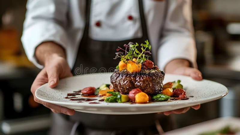 Chef Presenting Gourmet Beef Dish with Vegetables in Elegant Restaurant ...