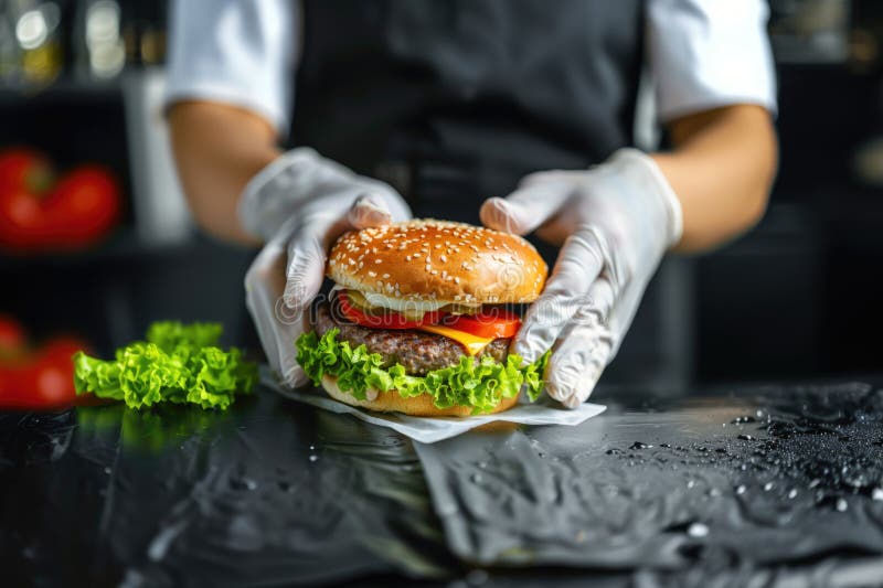 Chef Presenting Gourmet Burger with Fresh Lettuce, Tomato, and Cheese ...