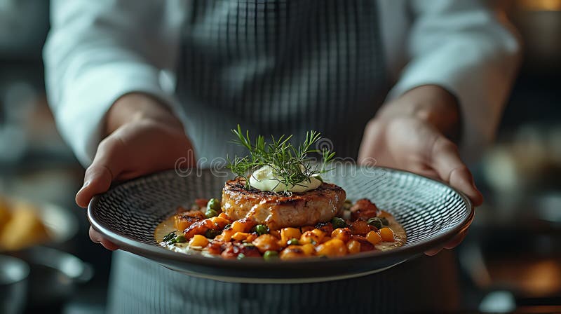 Chef Presenting Gourmet Dish, Restaurant Kitchen Stock Illustration ...