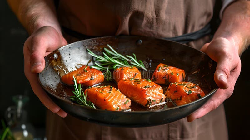 Chef Presenting Gourmet Pan-seared Salmon Chunks Garnished with Fresh ...