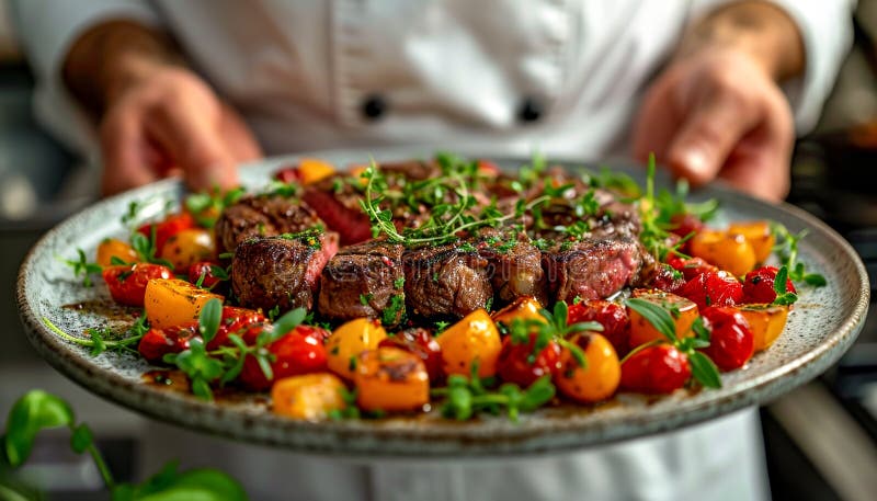 Chef Presenting Grilled Steak Dish Stock Photo - Image of cook, chef ...