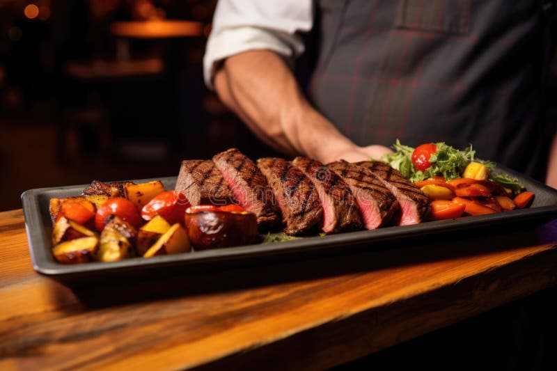 Chef Presenting Platter with Grilled Venison Steaks Stock Photo - Image ...