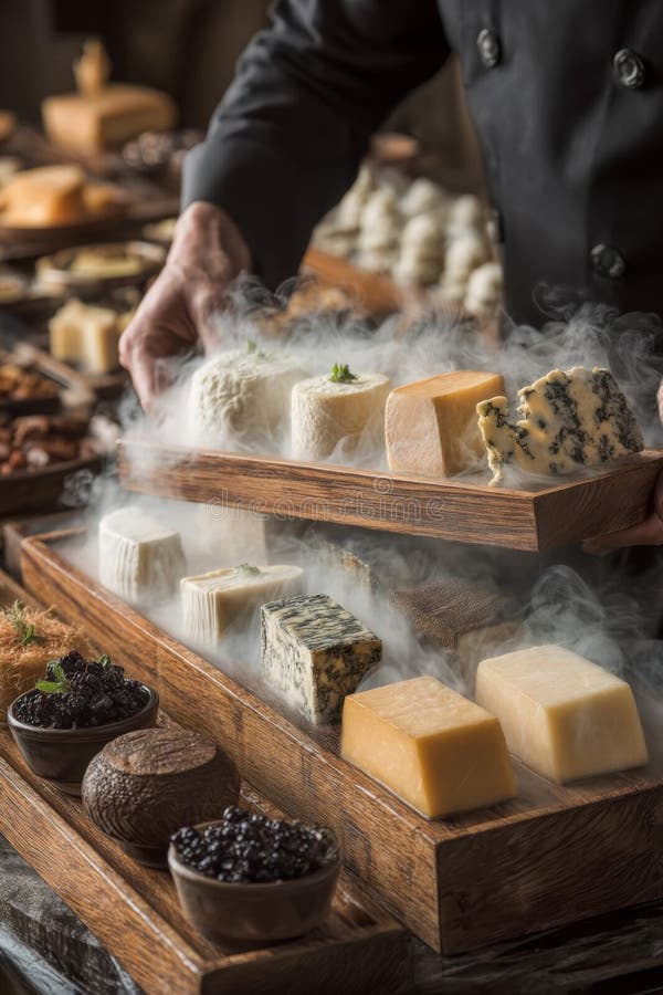 Chef Presenting Smoked Cheese Selection on Wooden Trays Stock ...
