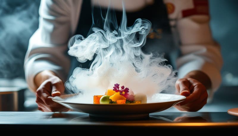 A Chef Presents a Gourmet Dish with a Smoky Mist Effect, Creating a ...
