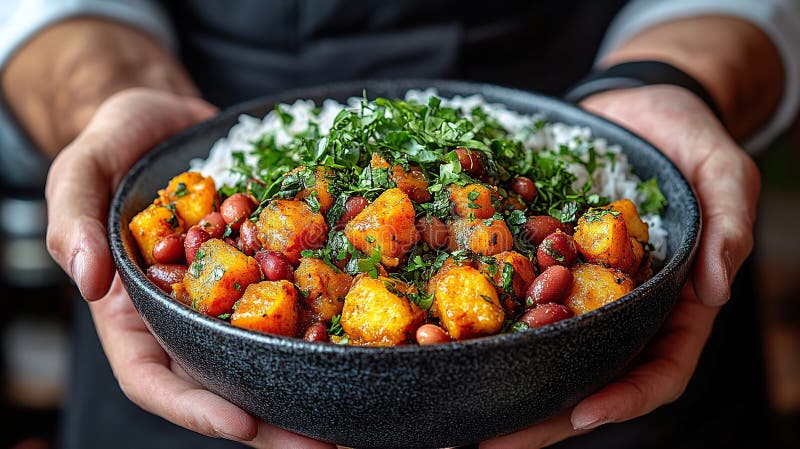 Chef Presents Hearty Potato, Bean Rice Bowl Stock Illustration ...