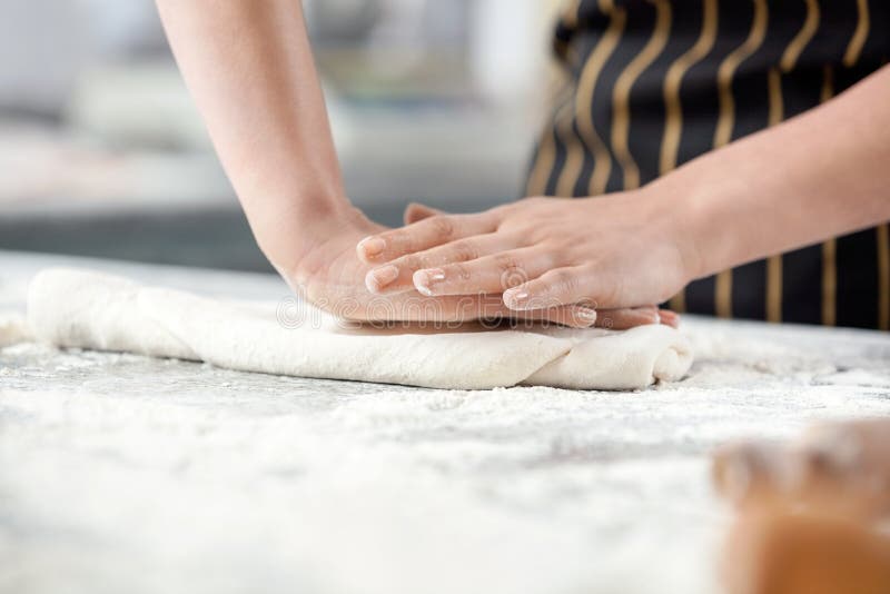 Chef Pressing Dough at Messy Counter Stock Image - Image of flour ...