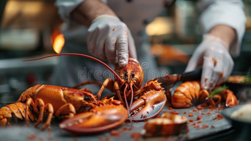 Chef in a Professional Kitchen Preparing a Lobster Dish with Focus on ...