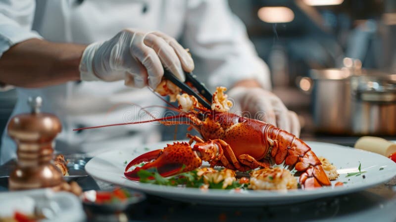 Chef in a Professional Kitchen Preparing a Lobster Dish with Focus on ...
