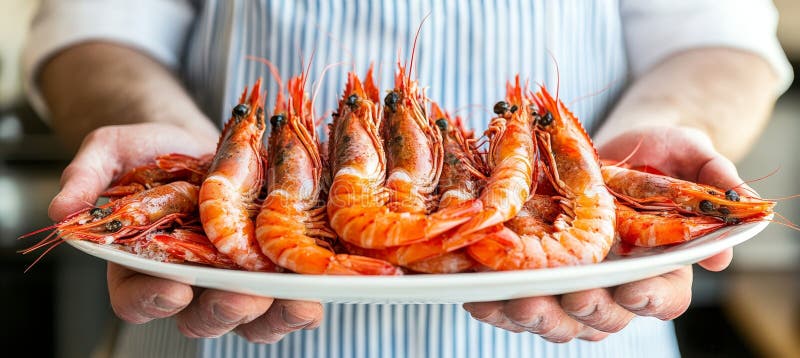 Chef Proudly Presents Exquisite Platter of Fresh Cooked King Prawns in ...