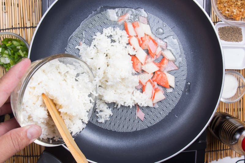 Chef Put Cooking Rice To Pan Stock Image - Image of cooking, chef: 83431753