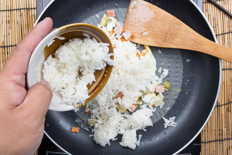 Chef Put Cooking Rice To Pan Stock Image - Image of color, meal: 74685087