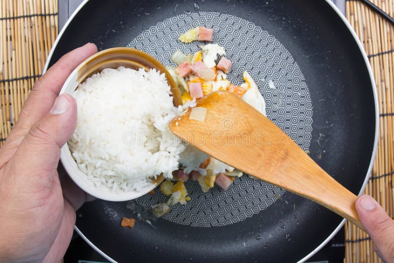 Chef Put Cooking Rice To Pan Stock Image - Image of lunch, kitchen ...