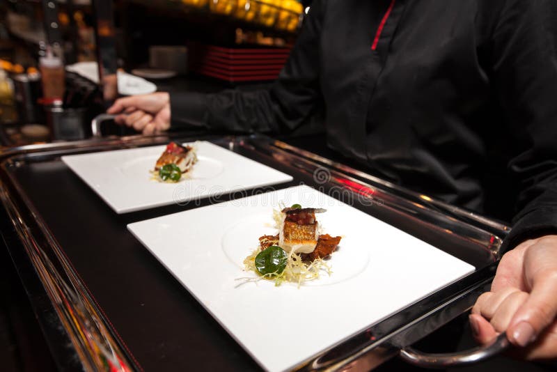 Chef Put Food on Tray before Served by Waiter Stock Photo - Image of ...