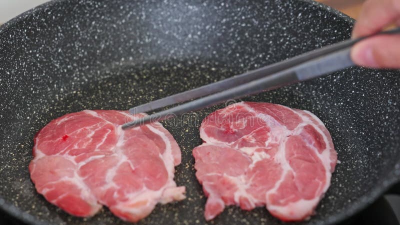 Chef Puts Thin Pork Steaks in the Pan Stock Video - Video of prepare ...