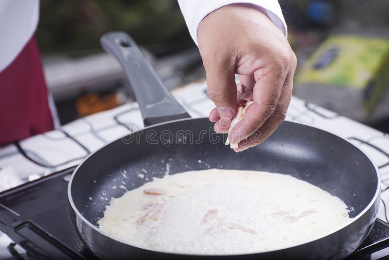 Chef Putting Bacon To the Pan Cooking Spaghetti Carbonara Stock Photo ...