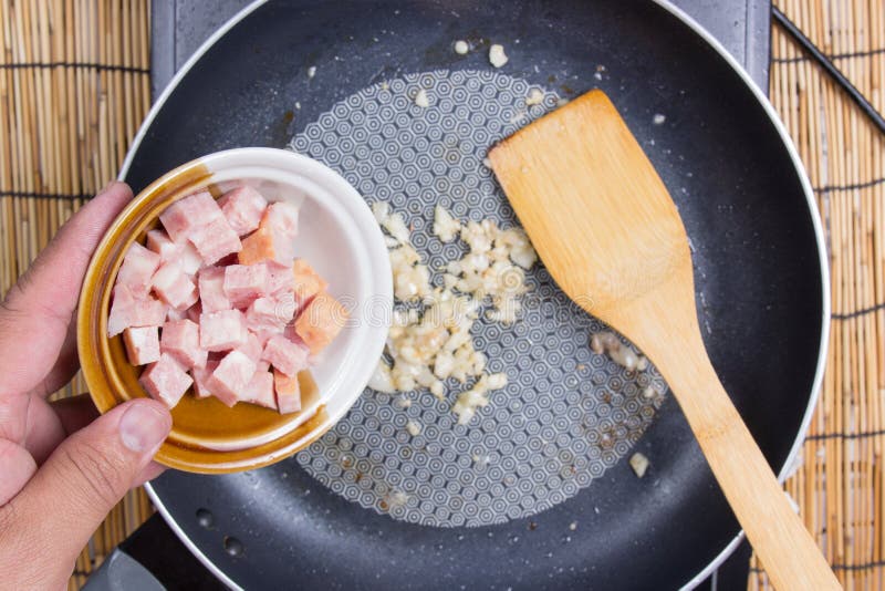 Chef Putting Bacon To the Pan Cooking Stock Image - Image of cream ...