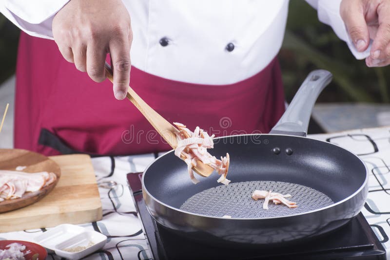 Chef Putting Bacon To the Pan for Fried Stock Photo - Image of bacon ...