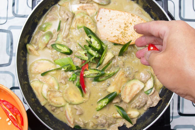 Chef Putting Chili for Cooking Green Curry Stock Photo - Image of chili ...