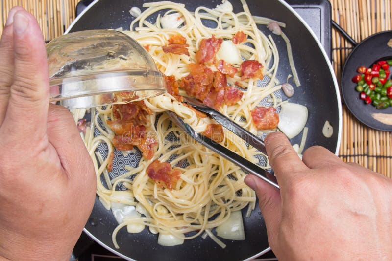 Chef Putting Crispy Bacon To Pan Stock Photo - Image of plate, cooking ...