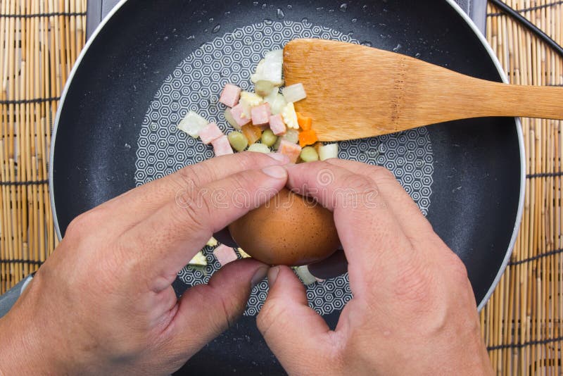 Chef putting egg to pan stock photo. Image of cooking - 78555696