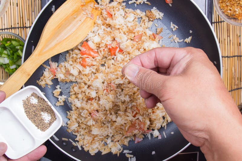 Chef Putting Pepper for Cooking Fried Rice Stock Photo - Image of onion ...