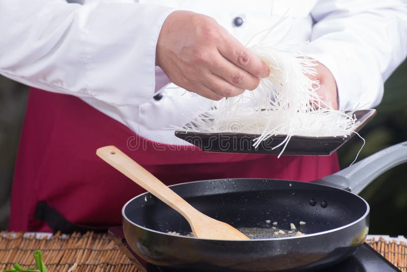 Chef Putting Rice Noodle for Cooking Pad Thai Stock Image - Image of ...