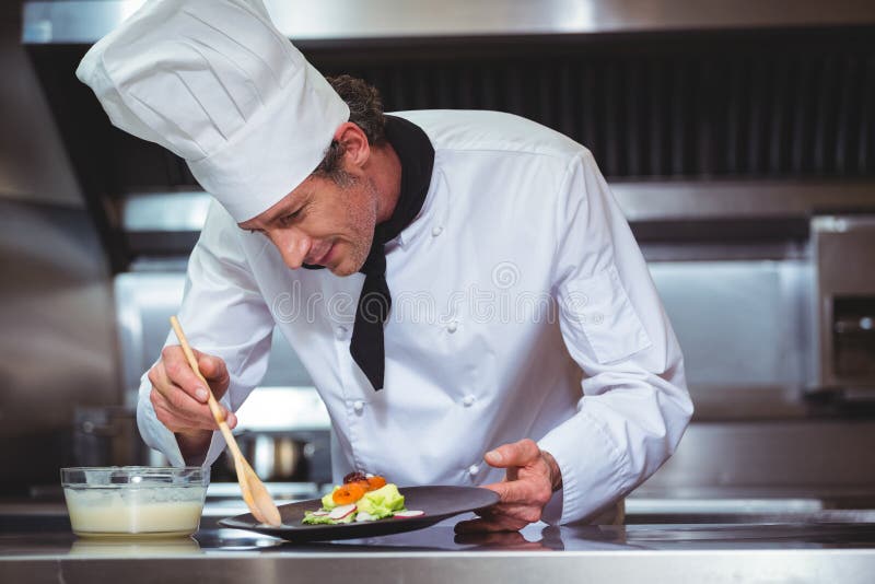 Chef Putting Chocolate Sauce on a Dessert Stock Image - Image of food ...