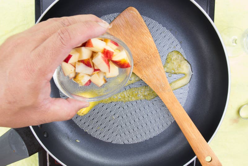 Chef Putting Slice of Apple To Pan Stock Image - Image of sugar, home ...