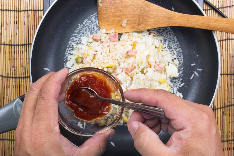 Chef Putting Tomato Sauce for Cooking Fried Rice Stock Image - Image of ...