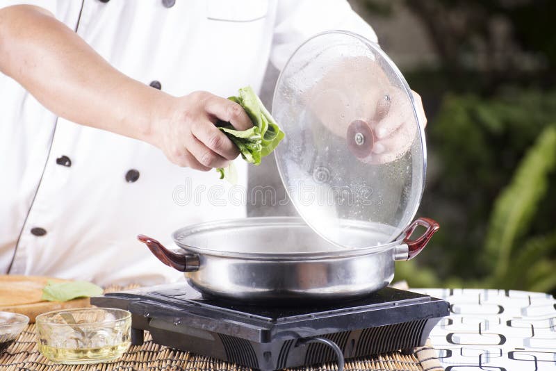 Chef Putting Vegetable in Pot before Cooking Noodle Stock Photo - Image ...