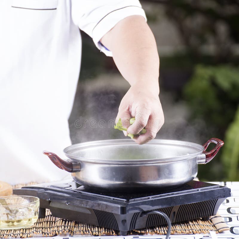 Chef Putting Vegetable in Pot before Cooking Noodle Stock Image - Image ...