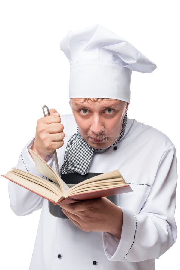 Chef Reading a Book and Mixing Soup with Ladle Stock Photo - Image of ...
