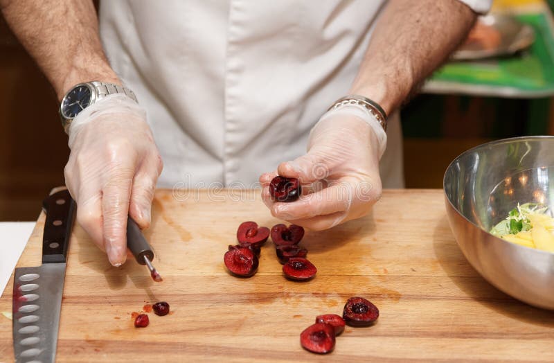 Chef is Removing Stones from Cherry Stock Photo - Image of manual ...