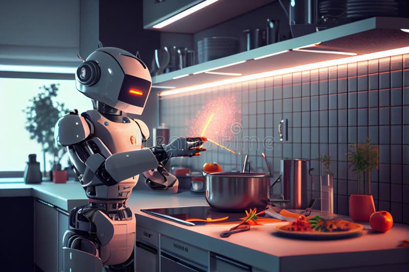 Robotic Chef Cooking Food on Smart Kitchen in Restaurant. Food Tech ...