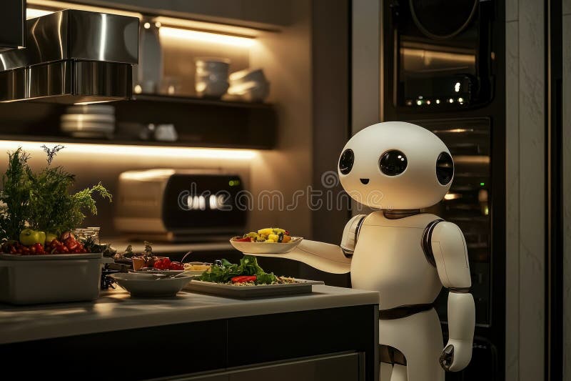 Chef Robot Preparing Gourmet Meal in Automated Kitchen, Warm and ...