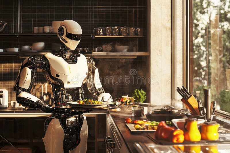 Chef Robot Preparing Gourmet Meal in Warm and Inviting Automated ...