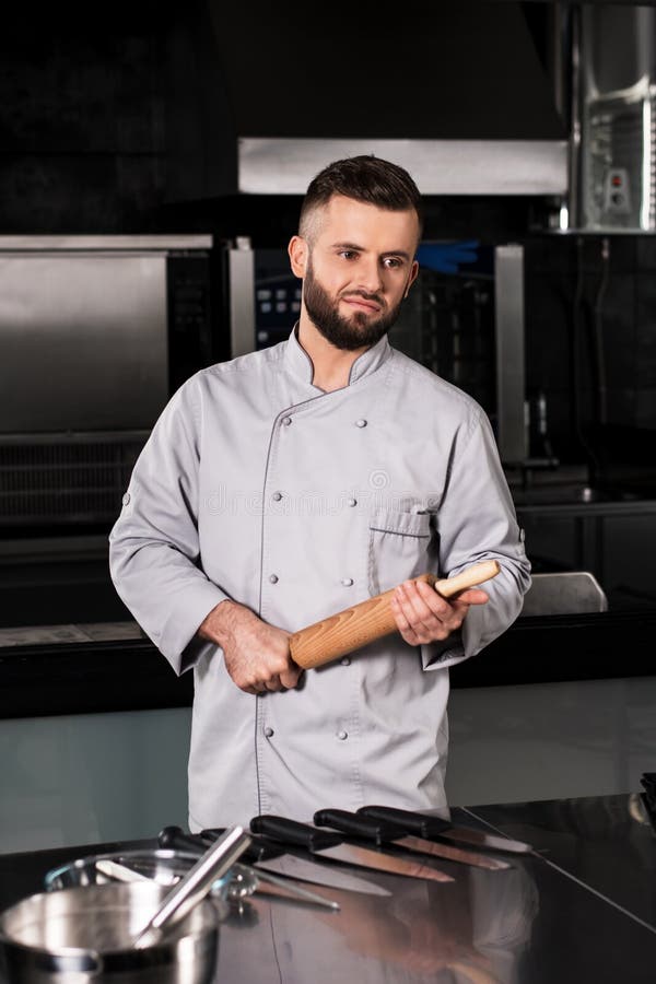 Chef with Roller at Kitchen. Male Professional with Roller Pin at ...