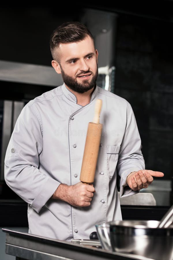 Chef with Roller at Kitchen. Portrait of Male Professional with Roller ...