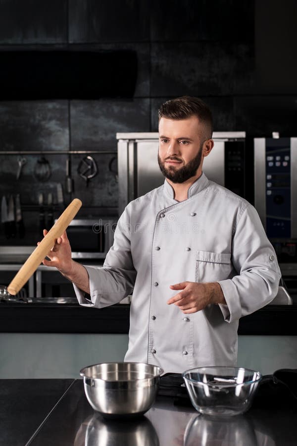 Chef with Roller at Kitchen. Portrait of Male Professional with Roller ...
