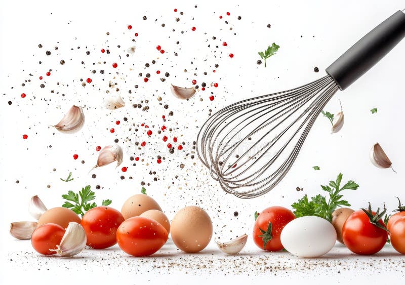 Chefs Burst of Culinary Energy with Floating Ingredients and Whisk ...